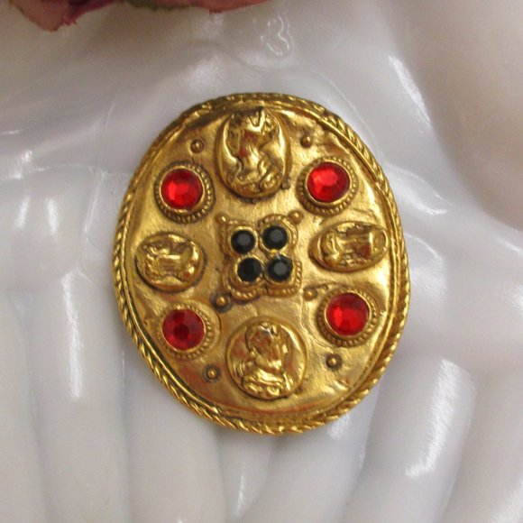 Vintage | Jewelry | Vintage Renaissance Gold Gilt Red Rhinestone Oval ...